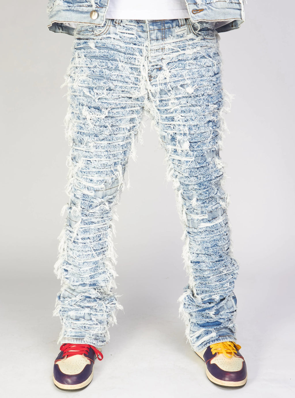 Thrashed Distressed Debris Stacked Flare Jeans - Blue Wash – Todays Man ...